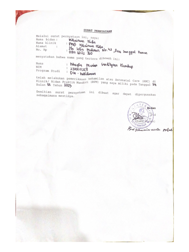 Surat Pernyataan Bidan | PDF