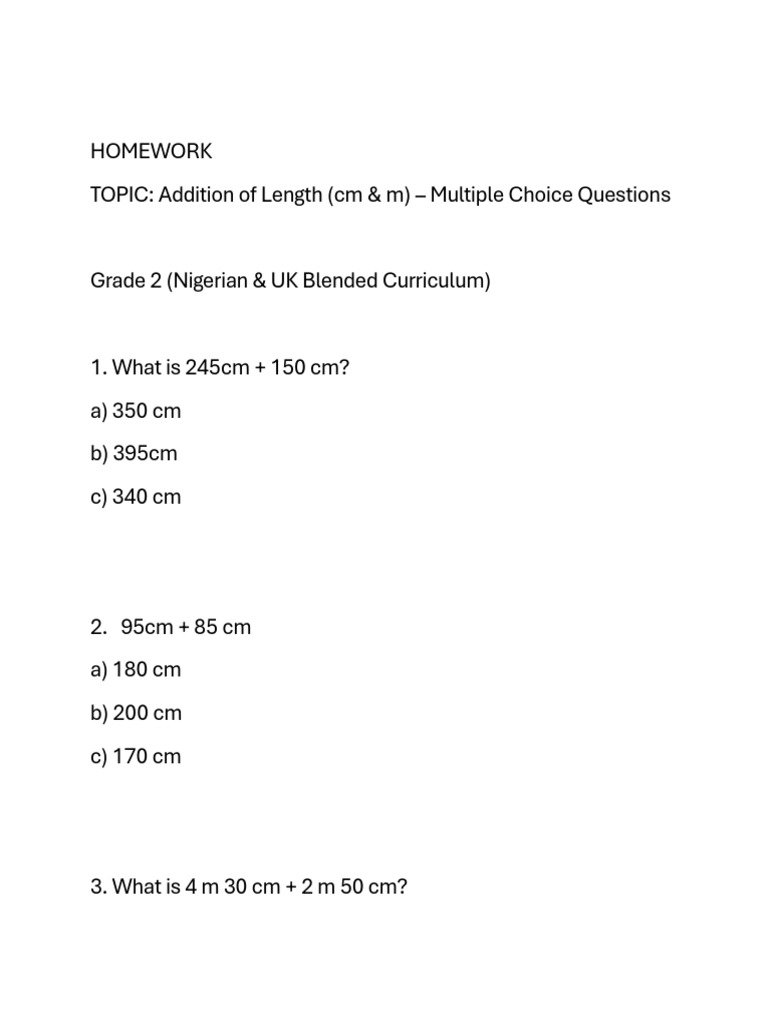 Grade 2 Length Addition Quiz | PDF