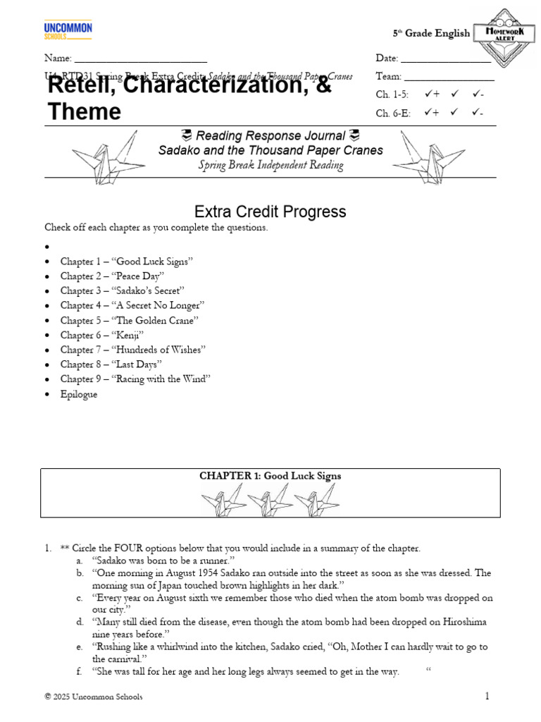 U4RTD31 Spring Break Sadako Questions Extra Credit CHMS | PDF