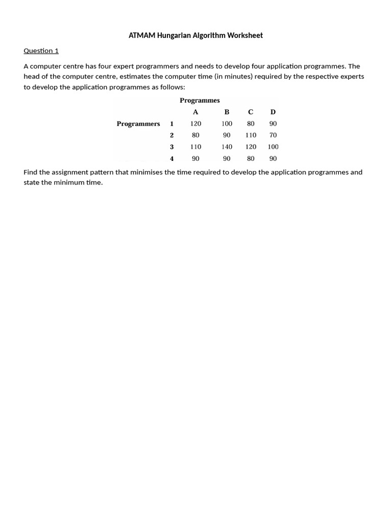 12A T3W5 - 1 Hungarian Algorithm Worksheet | PDF | Applied Mathematics | Algorithms