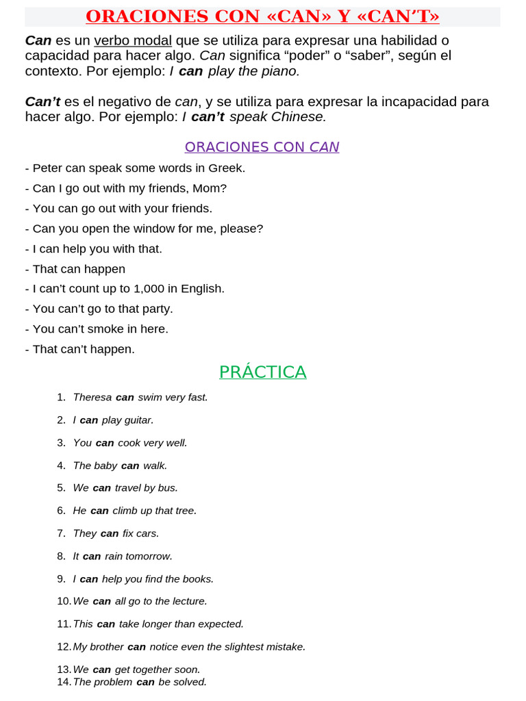 Ejemplos de oraciones con "can" y "can't" | PDF