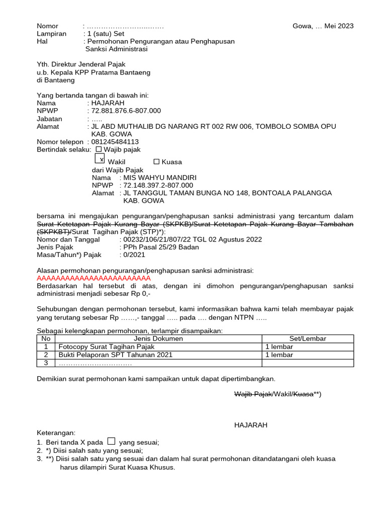 Permohonan Pengurangan Atau Penghapusan Sanksi | PDF