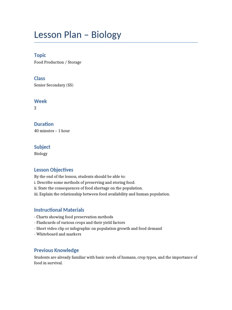 Lesson Plan Food Production Storage | PDF | Famine | Agriculture