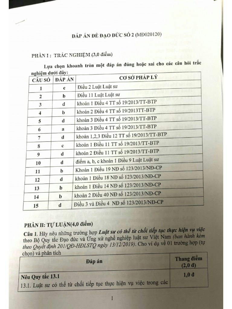 De Thi + Dap an 2020 Dot 1 | PDF