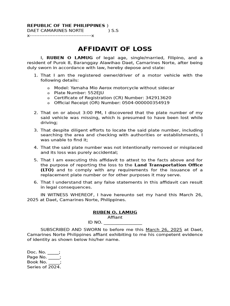 Marlon Affidavit of Loss Plate | PDF