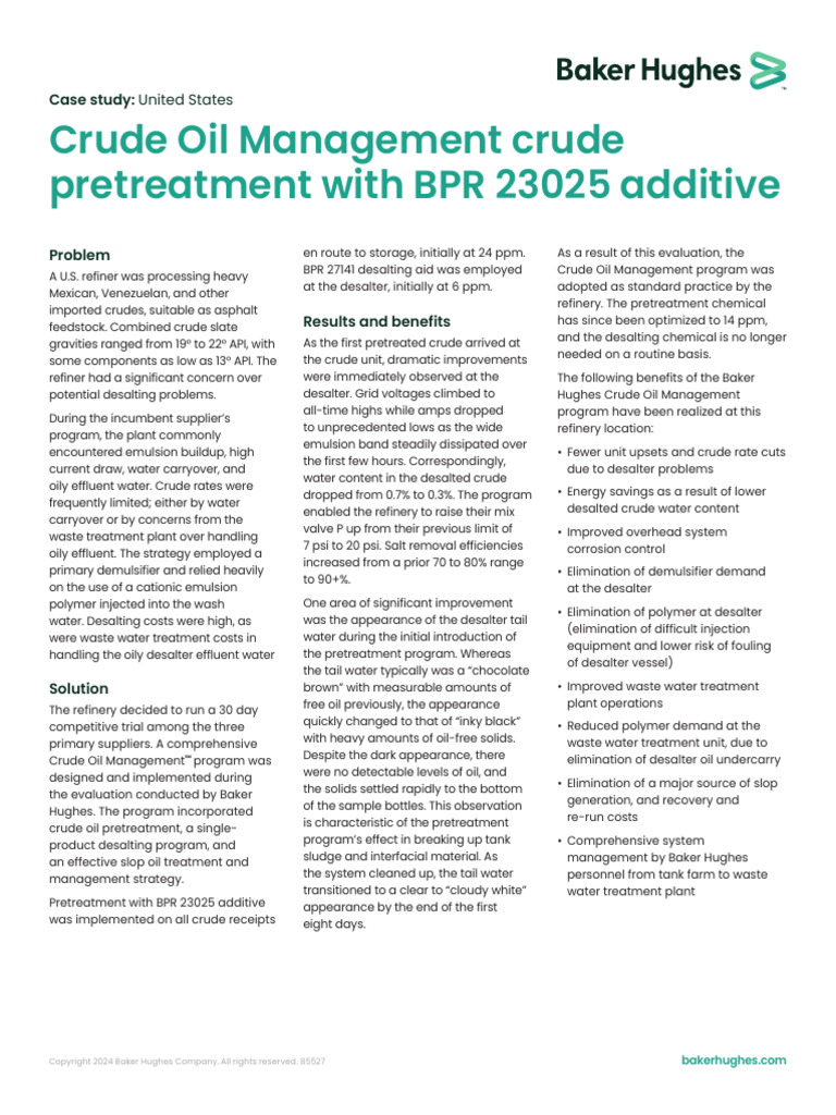 Crude Oil Management Crude Pretreatment With BPR 23025 Additive Cs ...