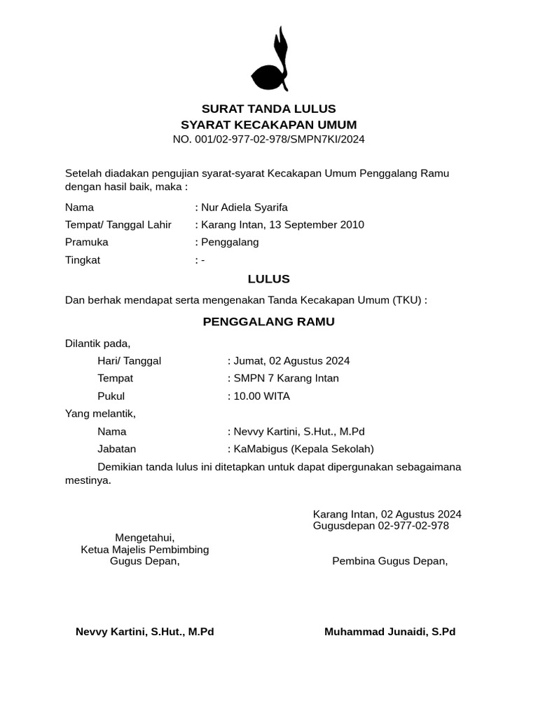 Surat Tanda Lulus Pramuka Penggalang | PDF