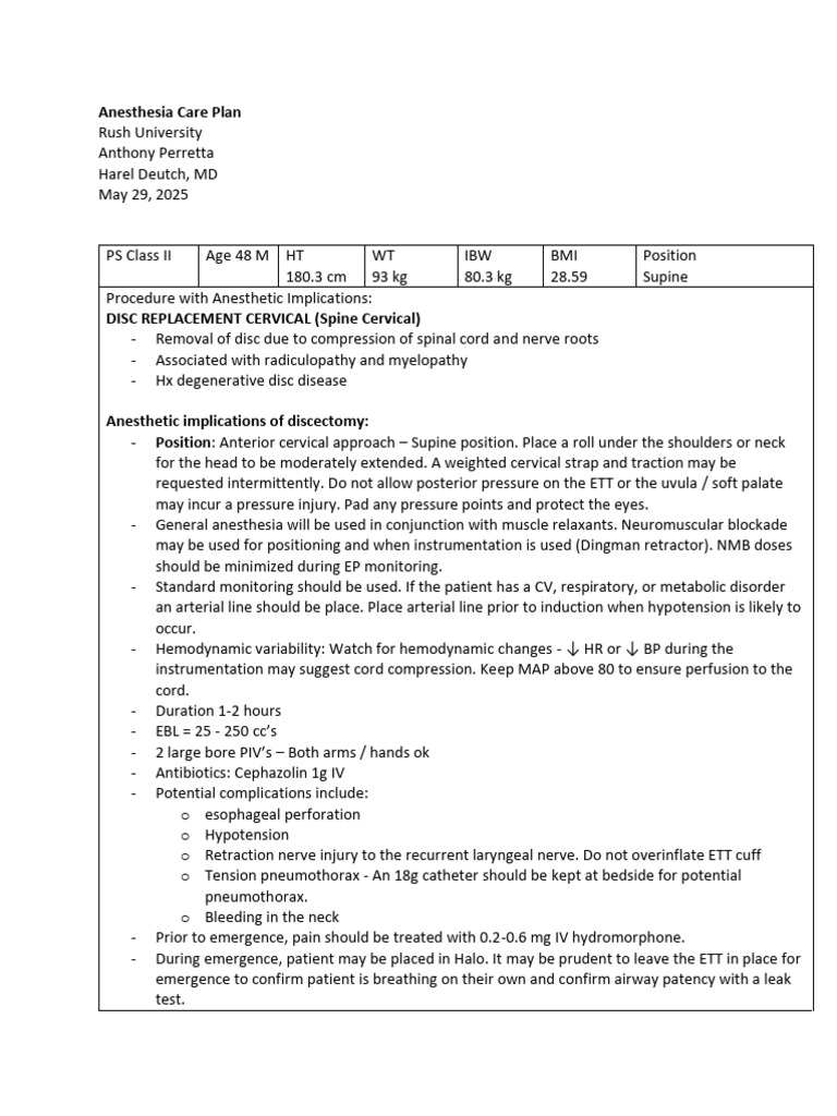 Anesthesia Care Plan for Cervical Discectomy | PDF | Anesthesia ...