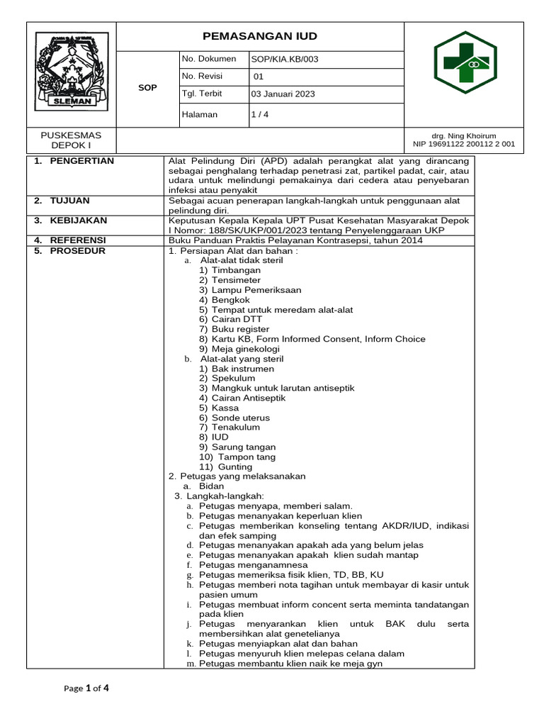 SOP Pemasangan IUD | PDF