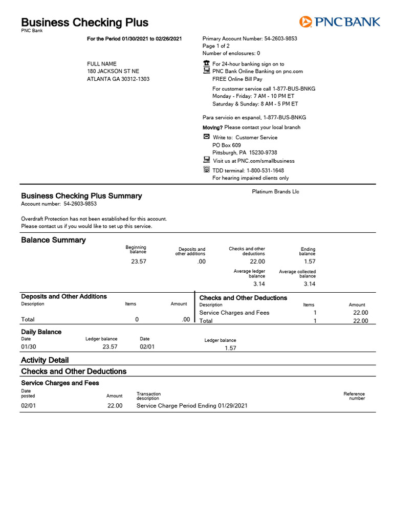 PNC Bank Statement Template 4 MbcVirtual 9 | PDF | Fee | Banks