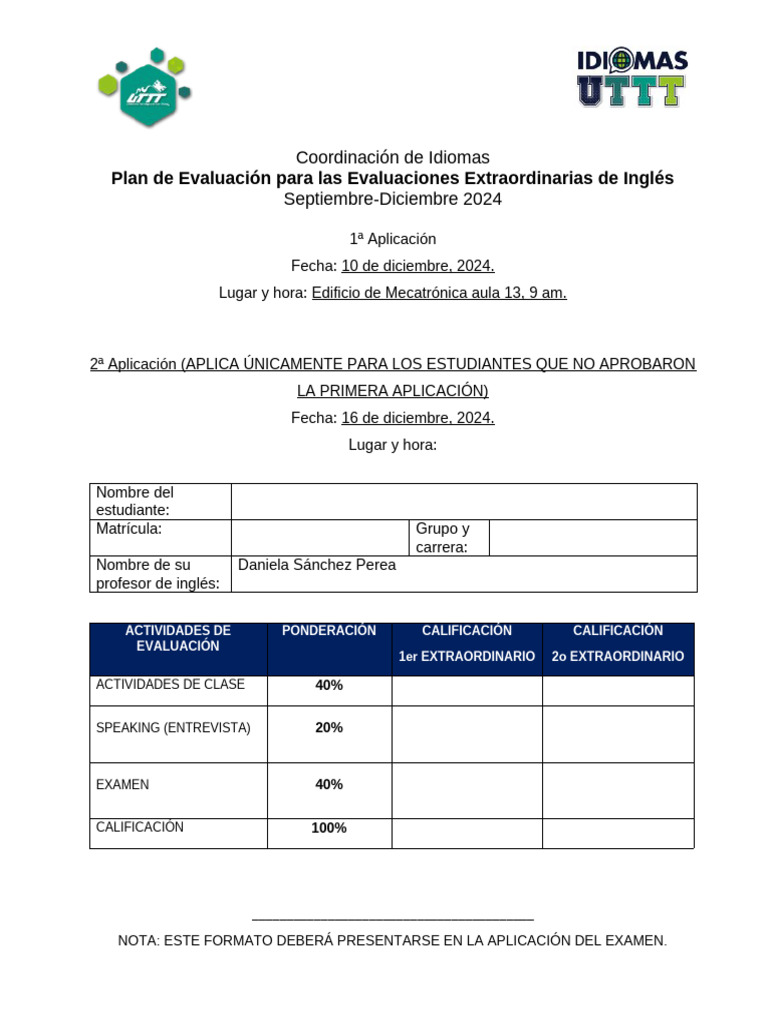 Plan de Evaluación de Extraordinario S-D 2024 | PDF