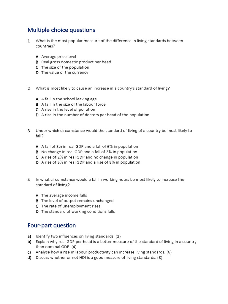 Living Standards: Multiple Choice Questions | PDF