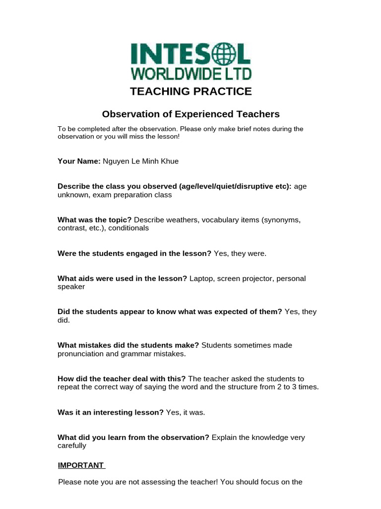 Form1 - ObservationOfExperiencedTeachers 3 | PDF