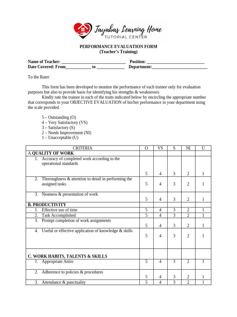 Teacher Performance Evaluation Form | PDF | Performance Appraisal ...