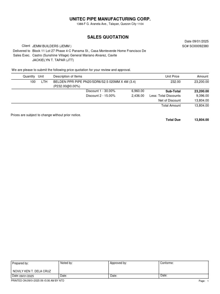JEMM Builders Sales Quotation | PDF