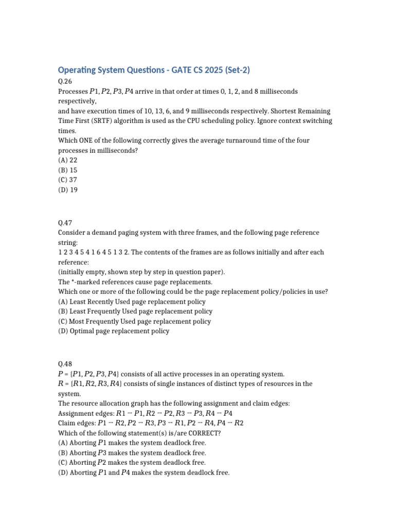 OS Questions GATE CS2025 Set2 | PDF