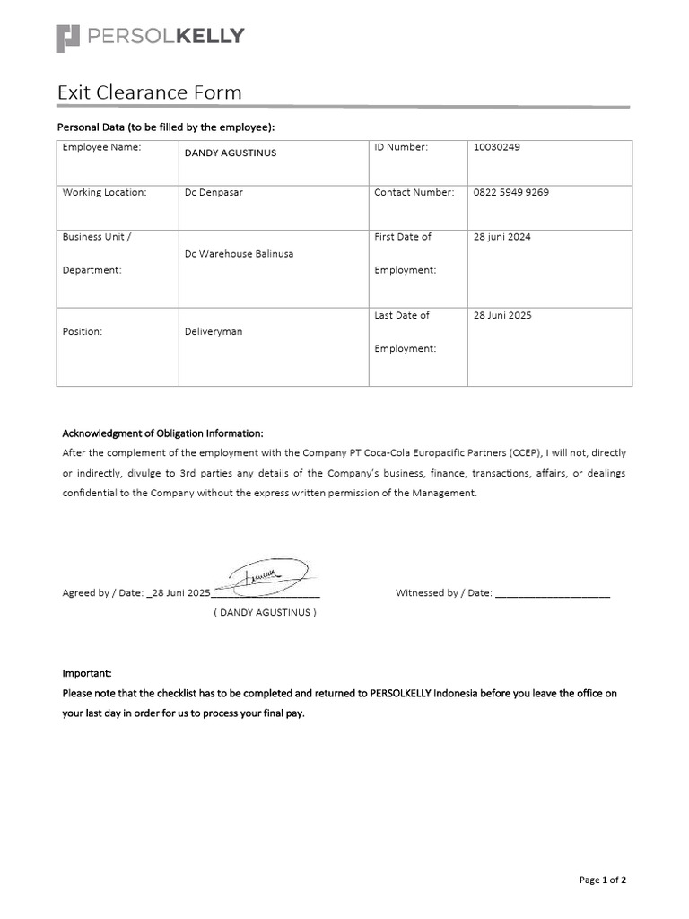 Exit Clearance Form-1 Dandy Agustinus - 102018 | PDF | Computing