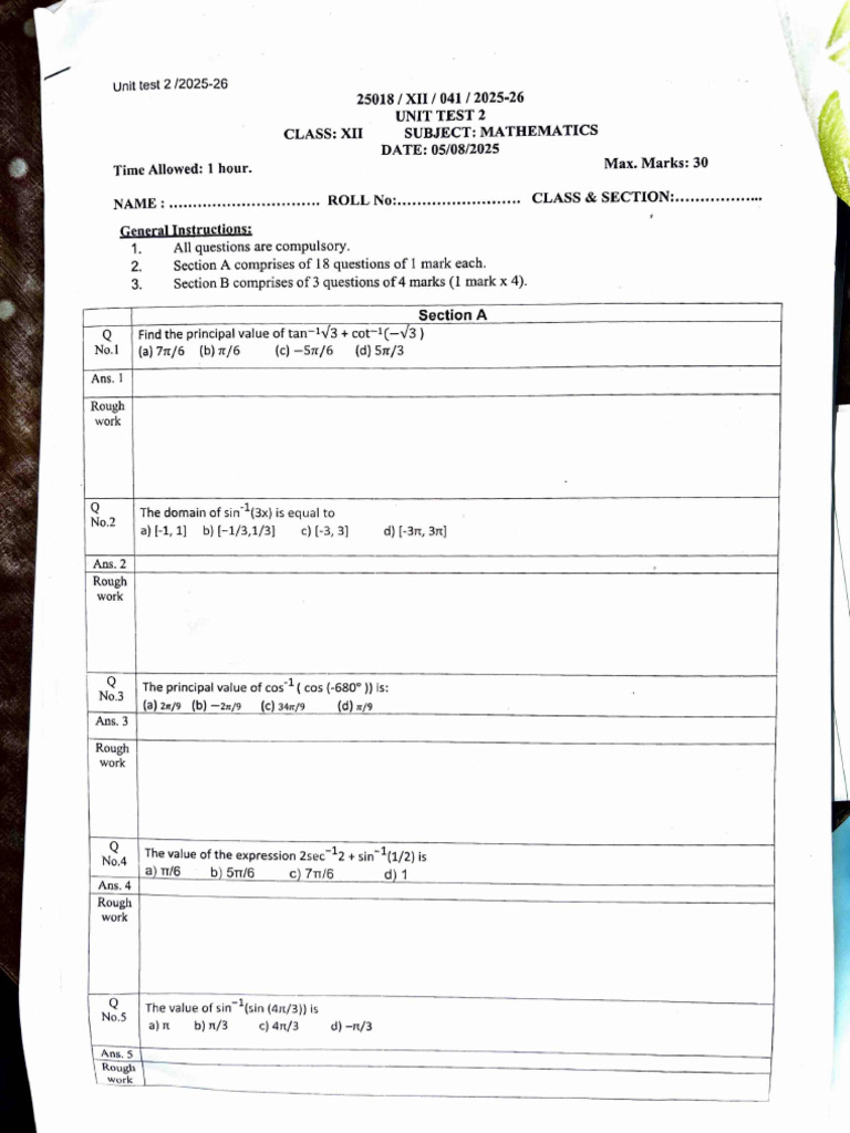 Class XII Mathematics Unit Test 2 | PDF | Mathematical Objects ...
