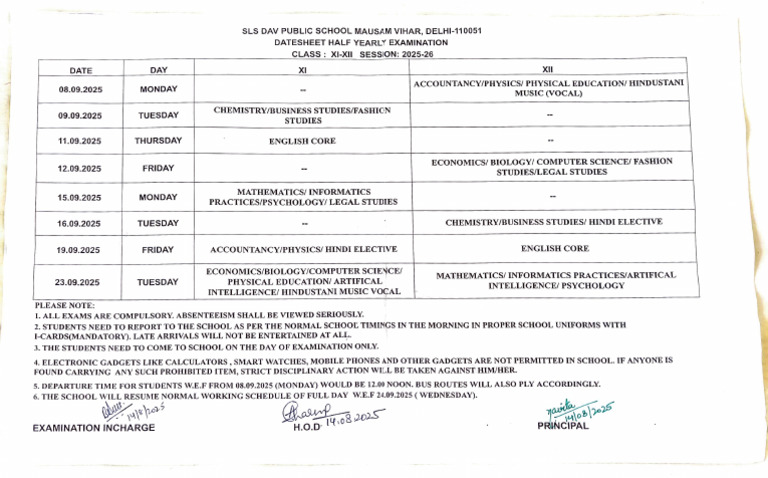 Half Yearly Examination Date Sheet Class XI and XII 2025-26 | PDF