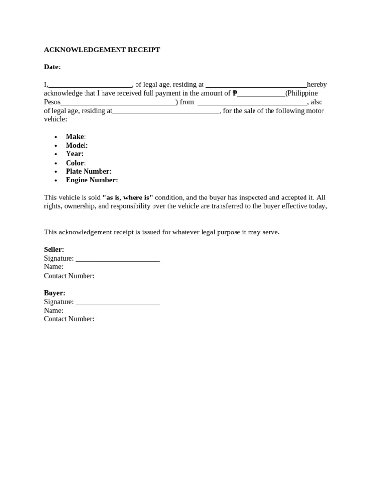 Motor Vehicle Acknowledgement Receipt | PDF
