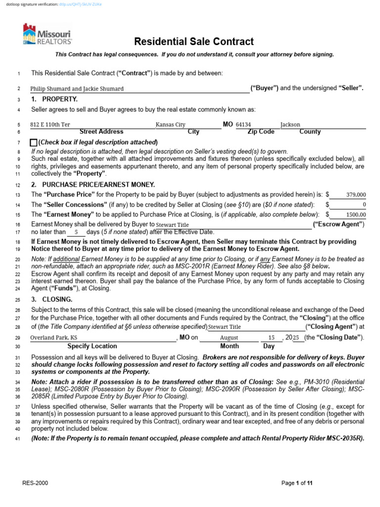 Missouri Residential Sale Contract | PDF | Real Estate Appraisal ...