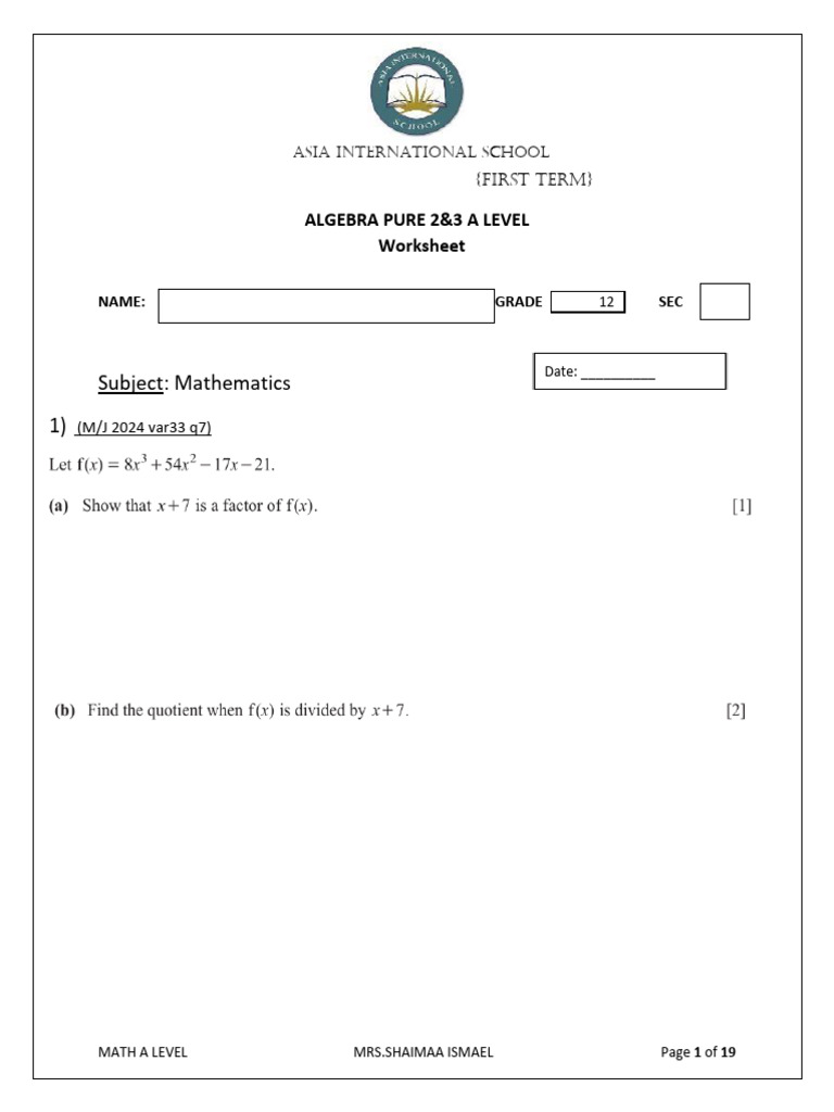 Algebra Pure 2&3 A Level Worksheet Asia | PDF | Mathematics | Science