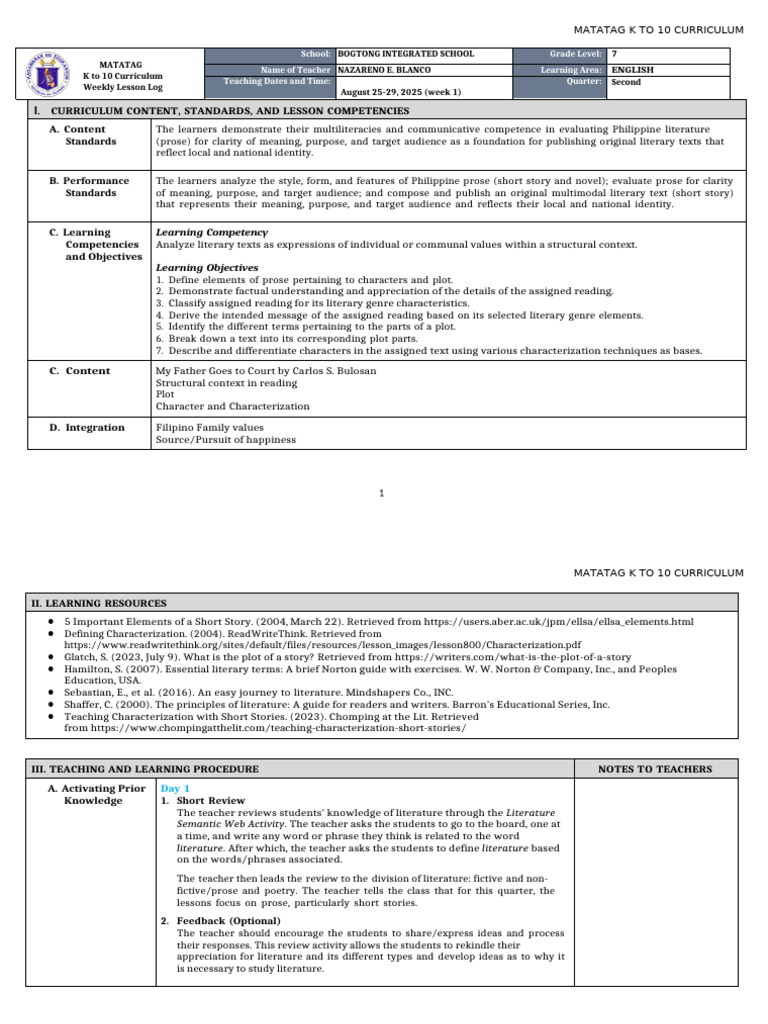 DLL Matatag - English 7 Q2 W1 | PDF | Plot (Narrative) | Curriculum
