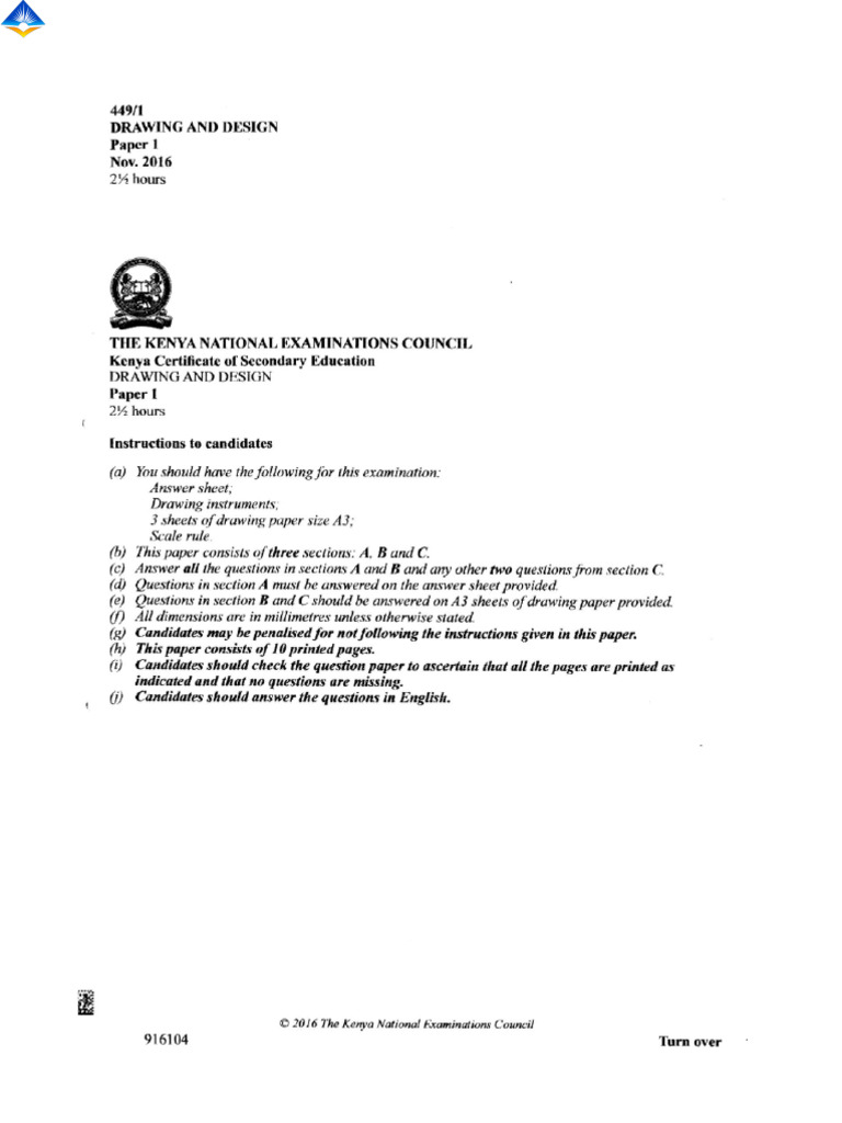 Kcse 2016 Drawing and Design Paper 1 Questions | PDF