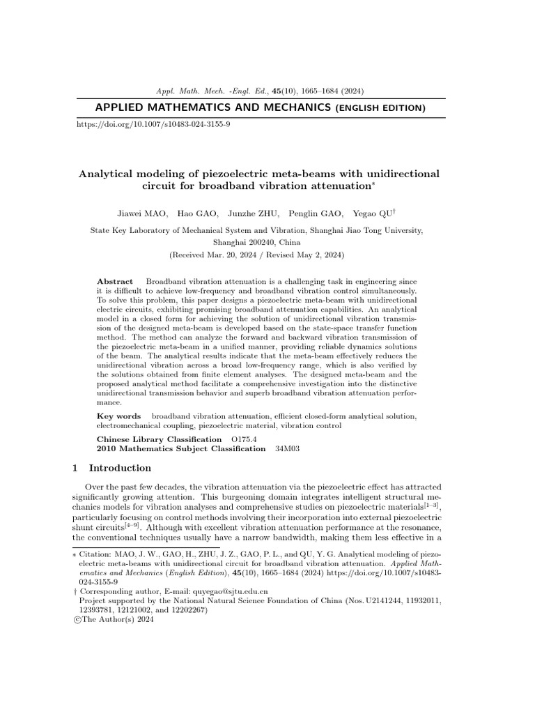 Analytical Modeling of Piezoelectric Meta Beams With Unidirectional Circuit For Broadband ...