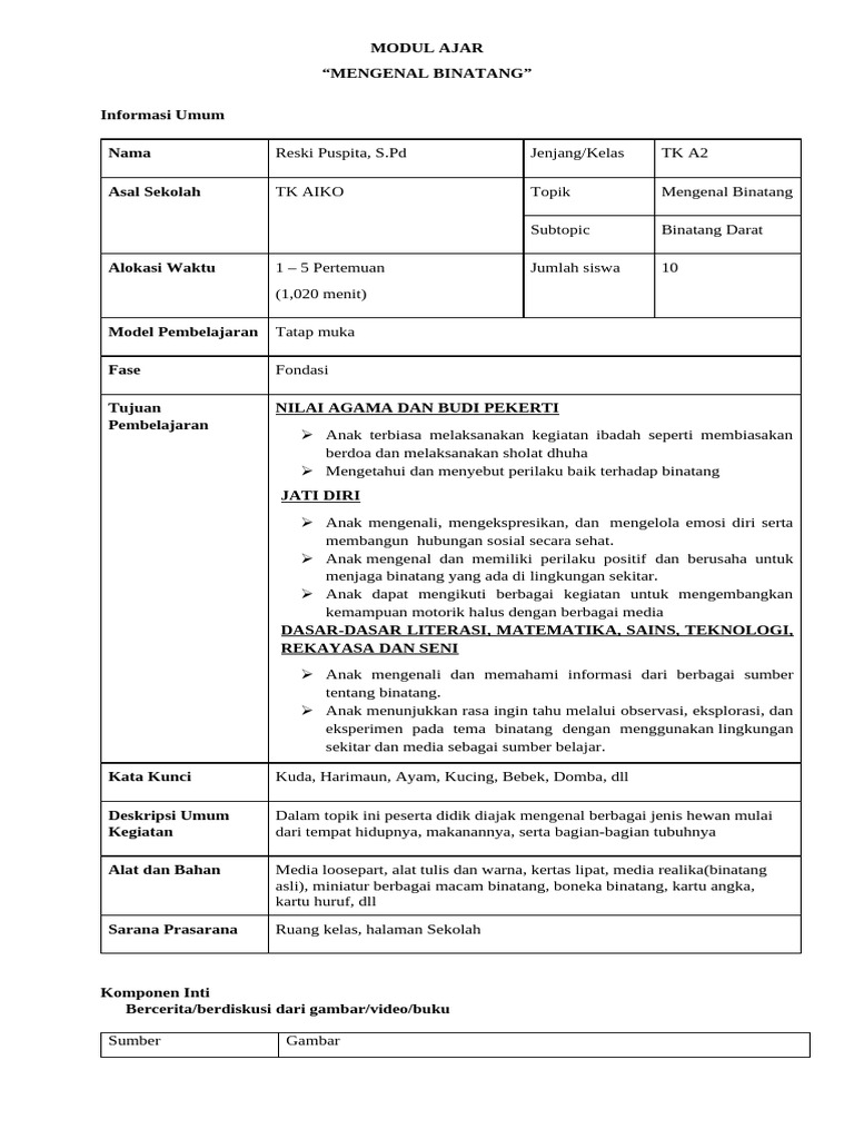 Modul Ajar Mengenal Binatang Darat TK | PDF