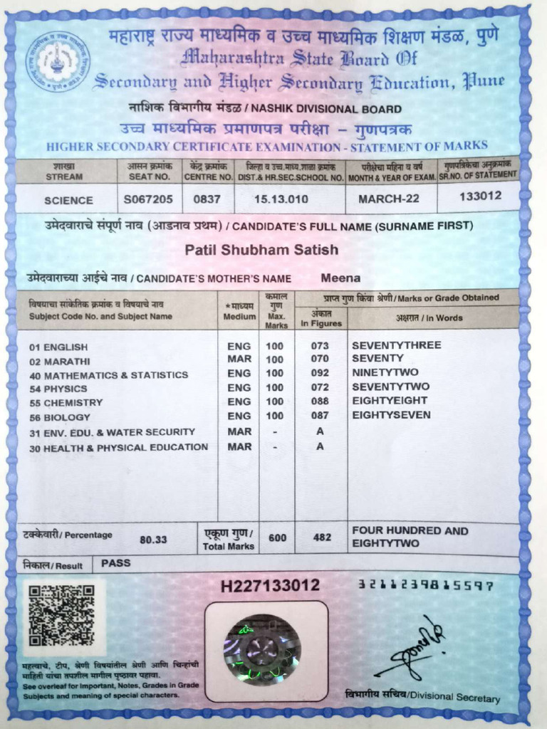 HSC Marksheet | PDF