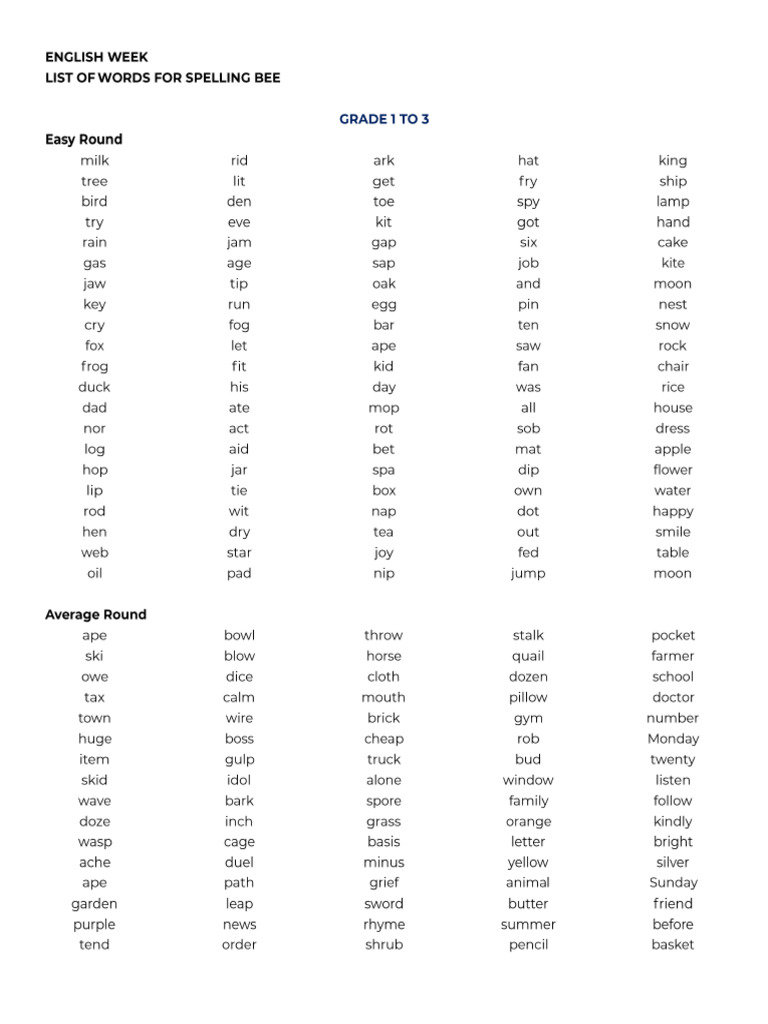 ENGLISH WEEK - Spelling Words - Grade 1 To 3 | PDF