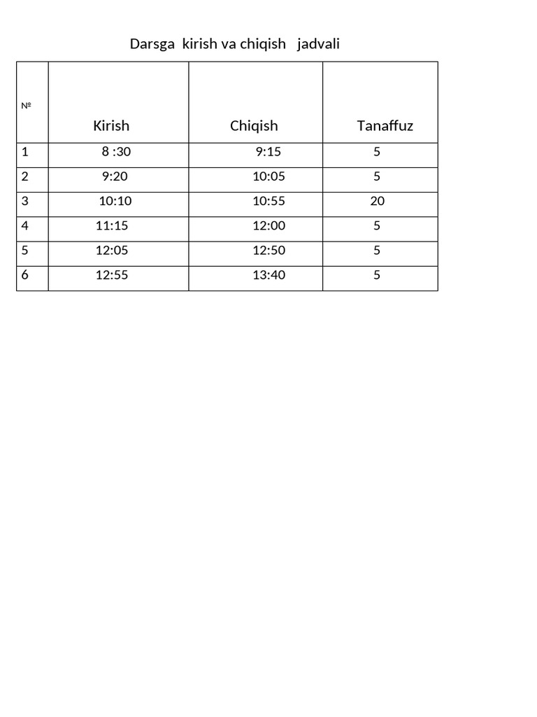 Darsga Kirish Va Chiqish Jadvali | PDF