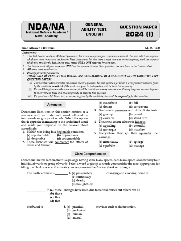 NDA 2024 General Ability Test Guide | PDF | Adverb | Greenhouse Effect