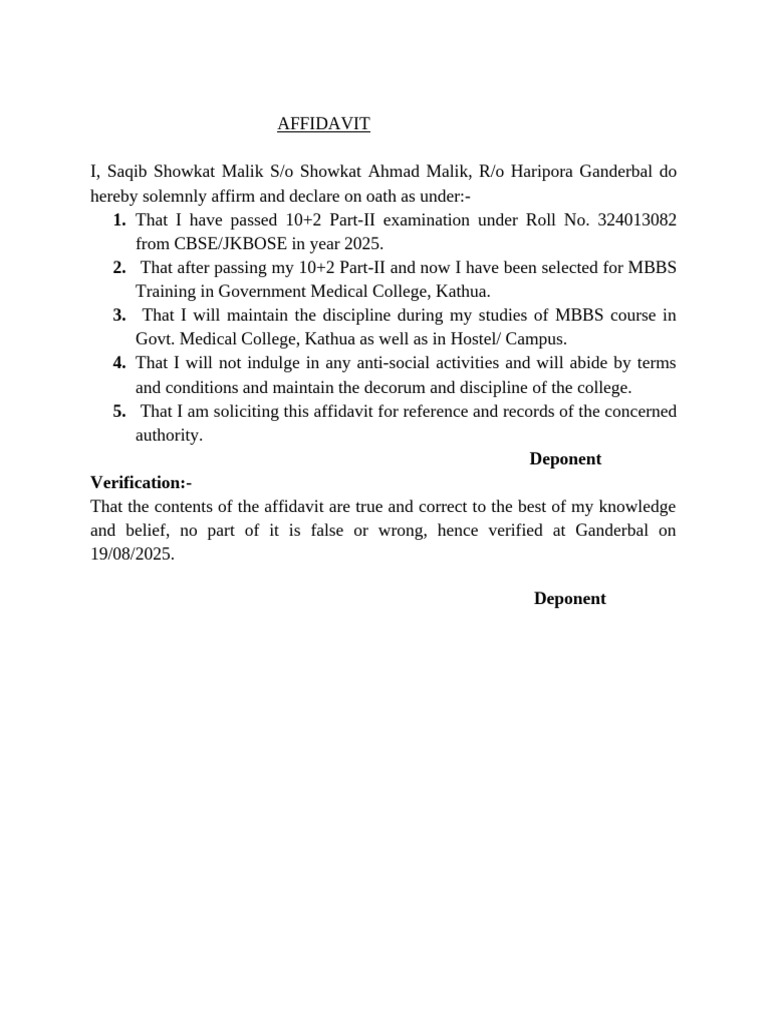 Affidavit Mbbs Admission | PDF