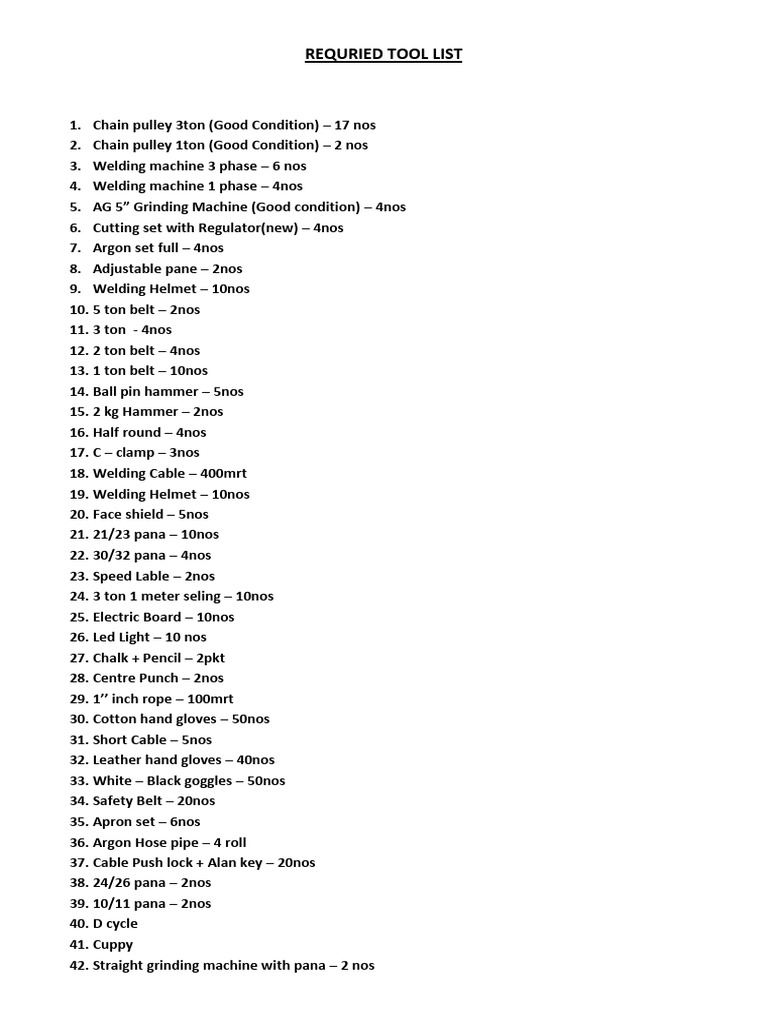 Requried Tool Tackles List For Newtek PVT LTD | PDF