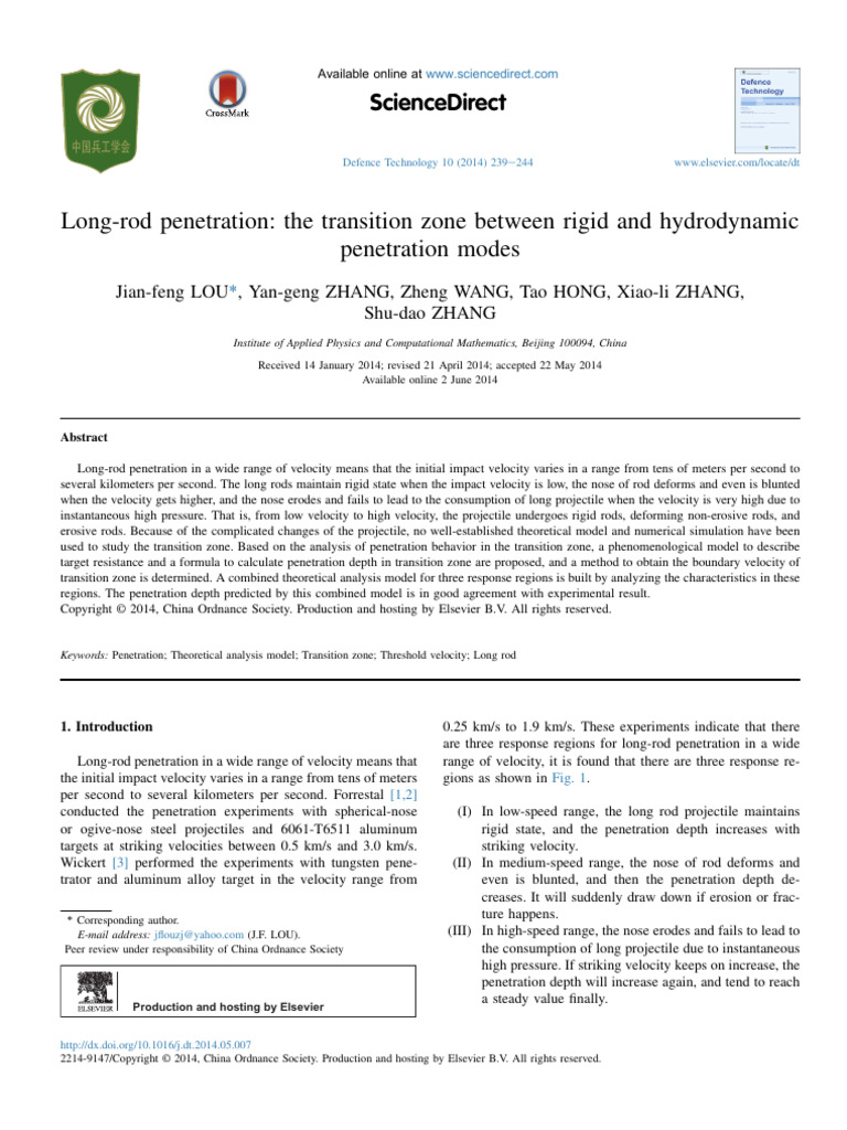 Long-Rod Penetration The Transition Zone Between Rigid and Hydrodynamic Penetration Modes | PDF ...