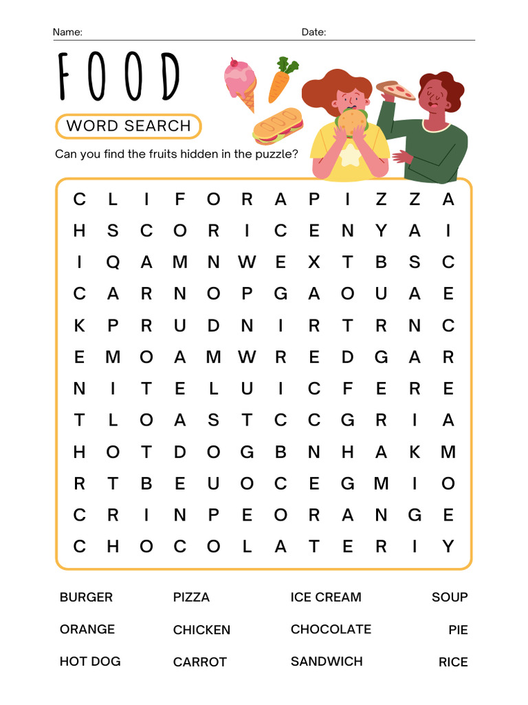 Food Word Search Worksheet in Colorful Simple Style | PDF