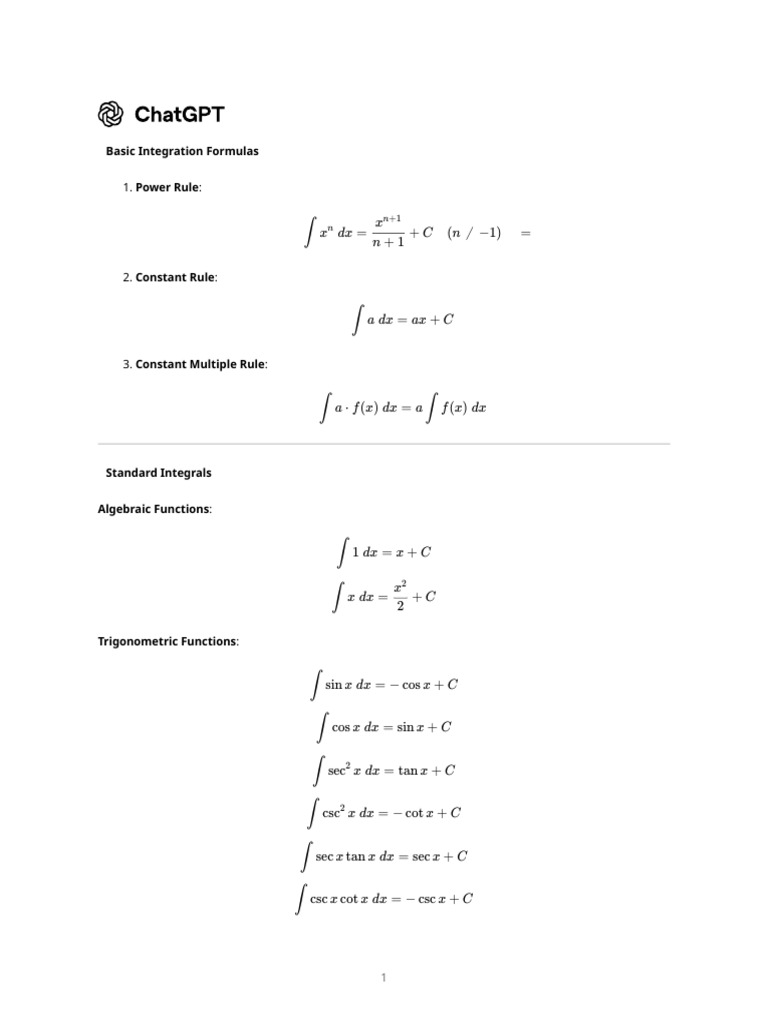 Basic Integration Formulas Guide | PDF | Trigonometric Functions ...