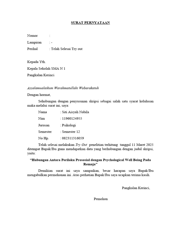 Surat Pernyataan Selesai Riset | PDF