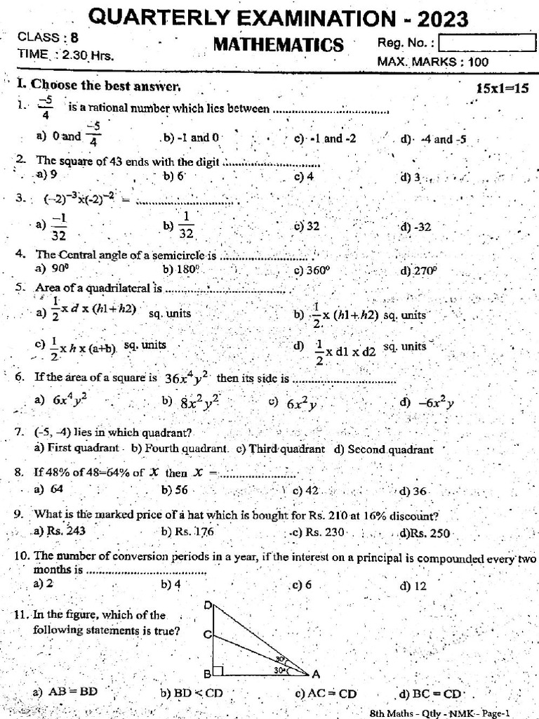 TN 8th STD Maths First Term Quarterly 2023 Question Paper Dharmapuri ...
