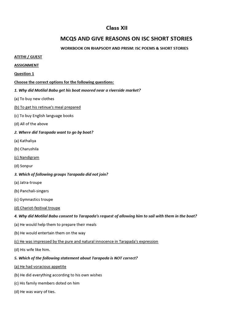 ISC Short Stories MCQs and Reasons | PDF