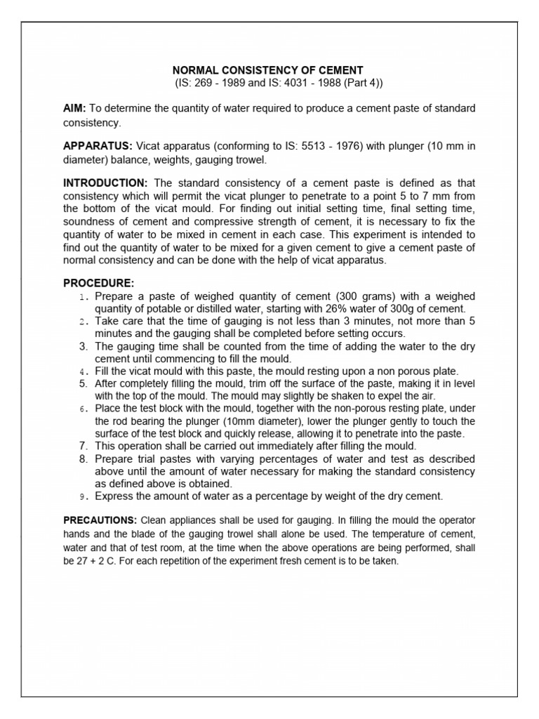 Normal Consistency of Cement Test | PDF | Water