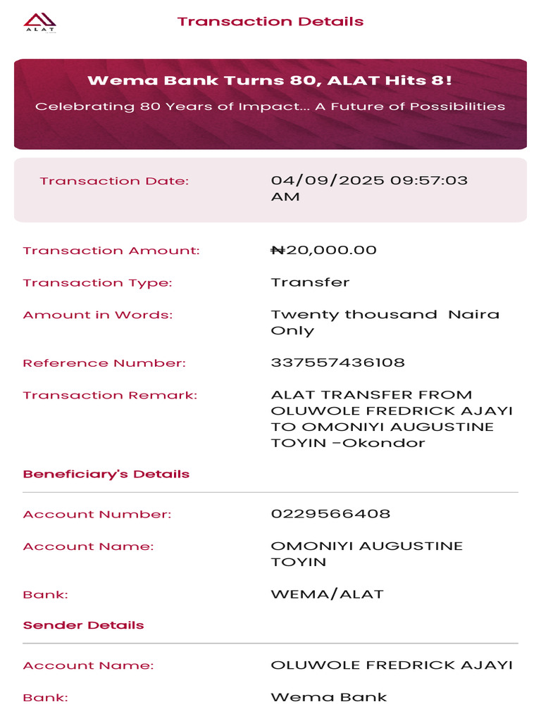 ALAT Transfer Receipt - OMONIYI AUGUSTINE TOYIN - 0229566408 - 20,000. ...