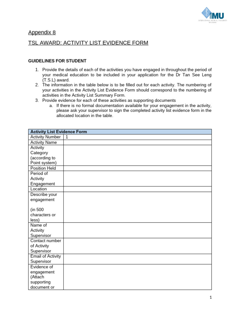 Activity List - Evidence Form (TSL Award) | PDF
