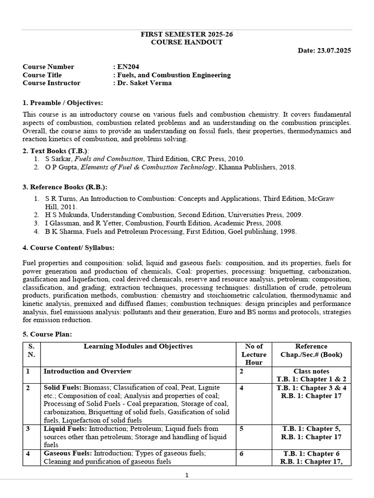 Handout_EN204 – Fuels, And Combustion Engineering | PDF | Combustion | Fuels