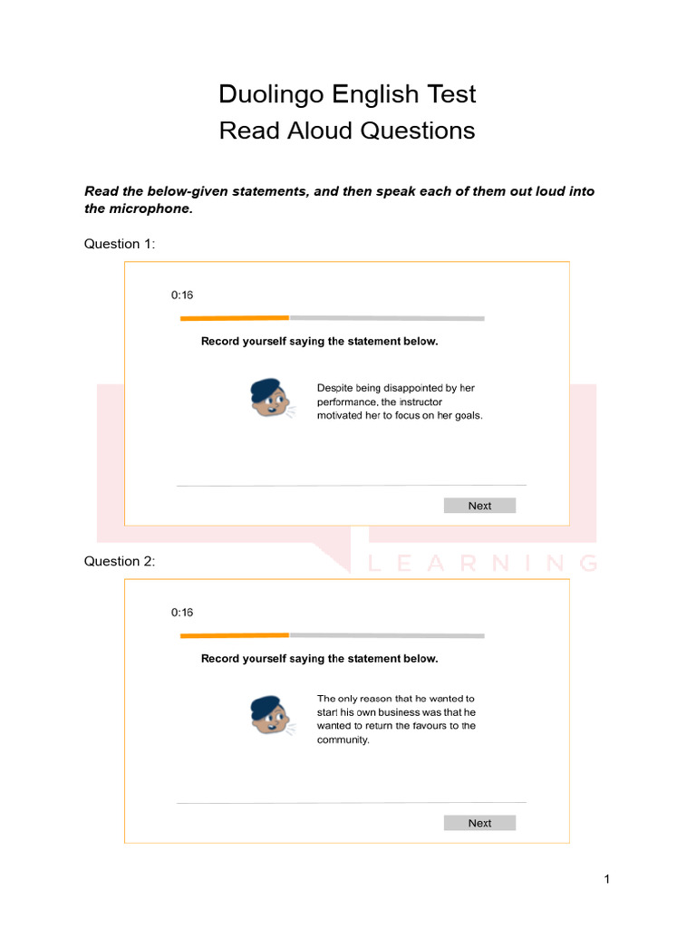 Duolingo Sample Question and Answer PDF For Read Aloud Type (2 ...