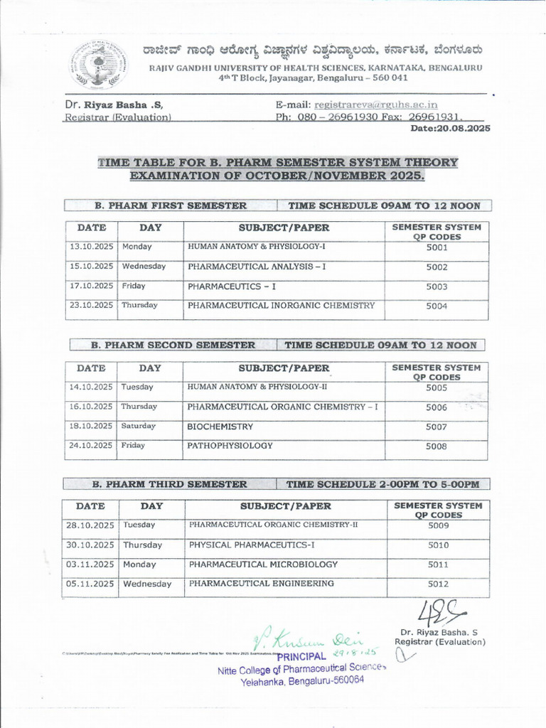 B.pharm Exam Time Table Oct-Nov 2025 | PDF