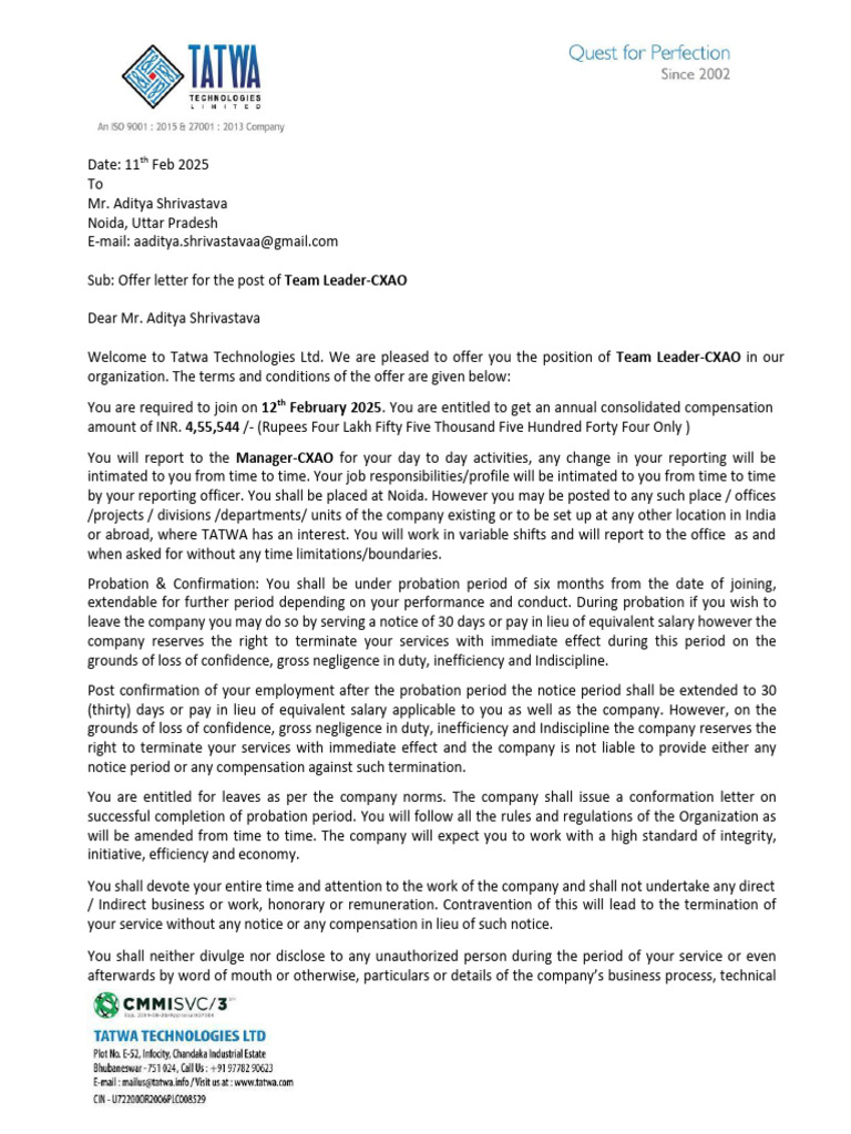 Offer Letter - Aditya Shrivastava | PDF | Employment | Salary