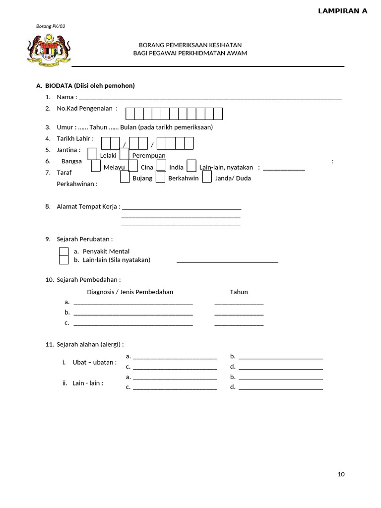 Borang Pemeriksaan Kesihatan JUSA | PDF
